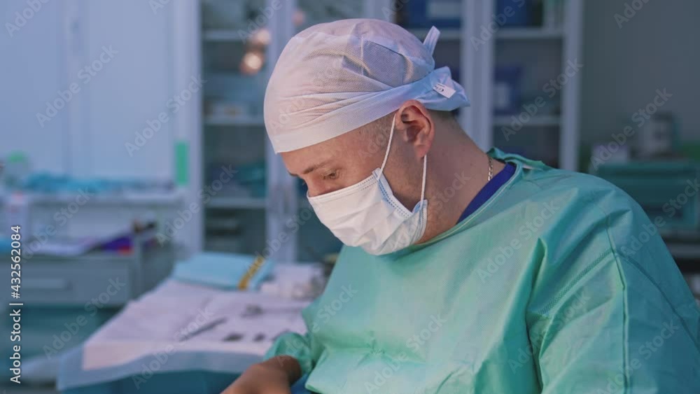 Surgeon on the blur background of an operating room. Portrait of a ...