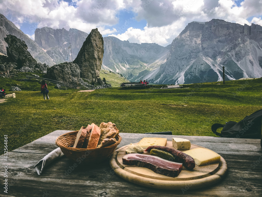 Amazing alpine mountain food - smoked sausage and cheese. Italian ...