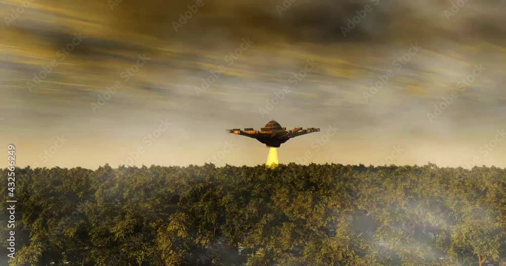 Vidéo Stock UFO search and rescue spaceship. Hovering in the fog over a ...