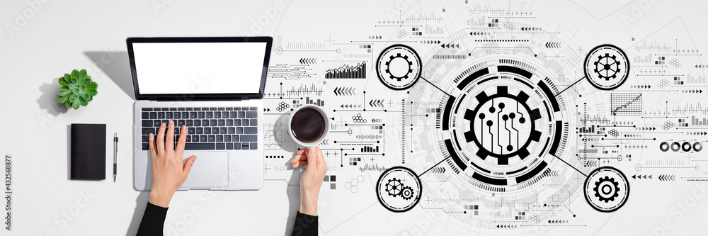 Fotografia do Stock: Automation concept with person using laptop ...