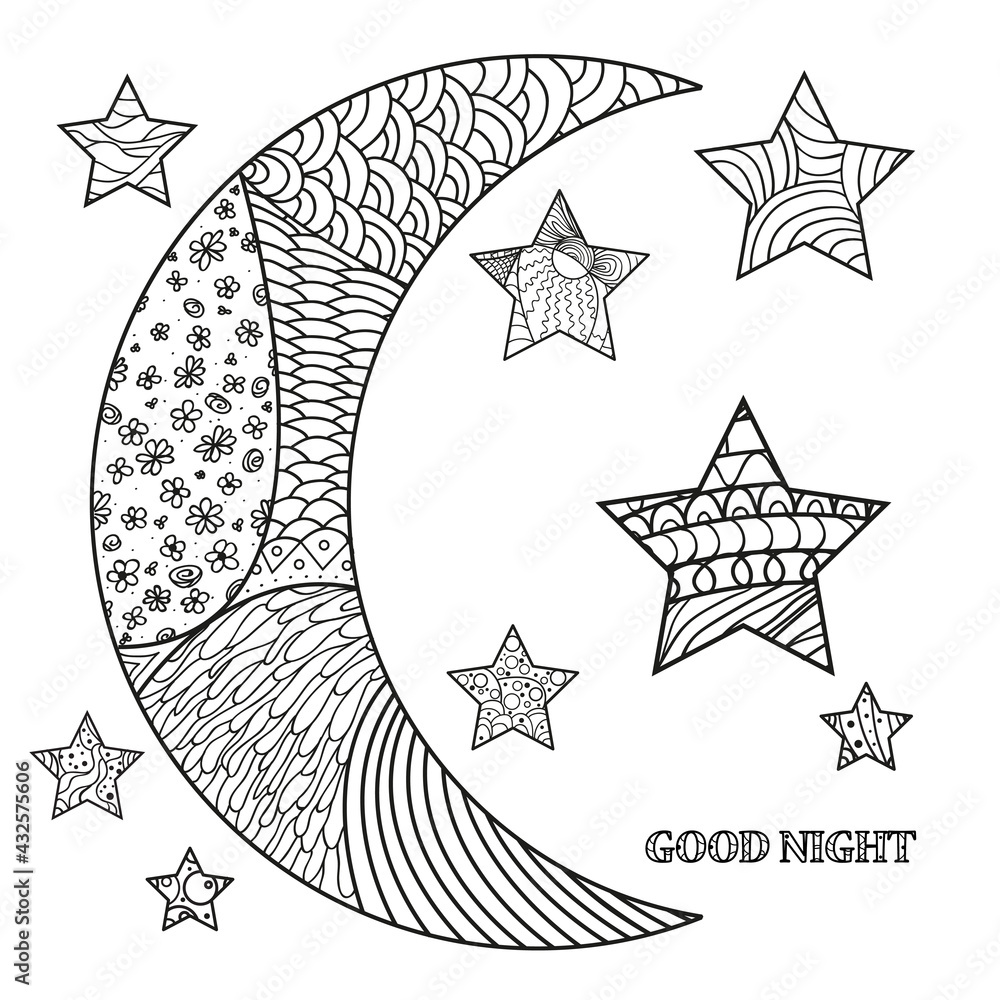Zentangle moon and star with abstract patterns on isolation background ...