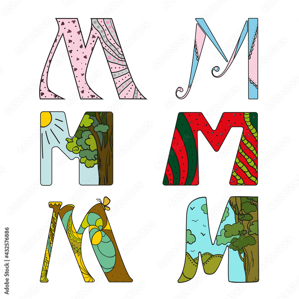 Letter M. Ethnic alphabet. Design Zentangle. Hand drawn letter with ...