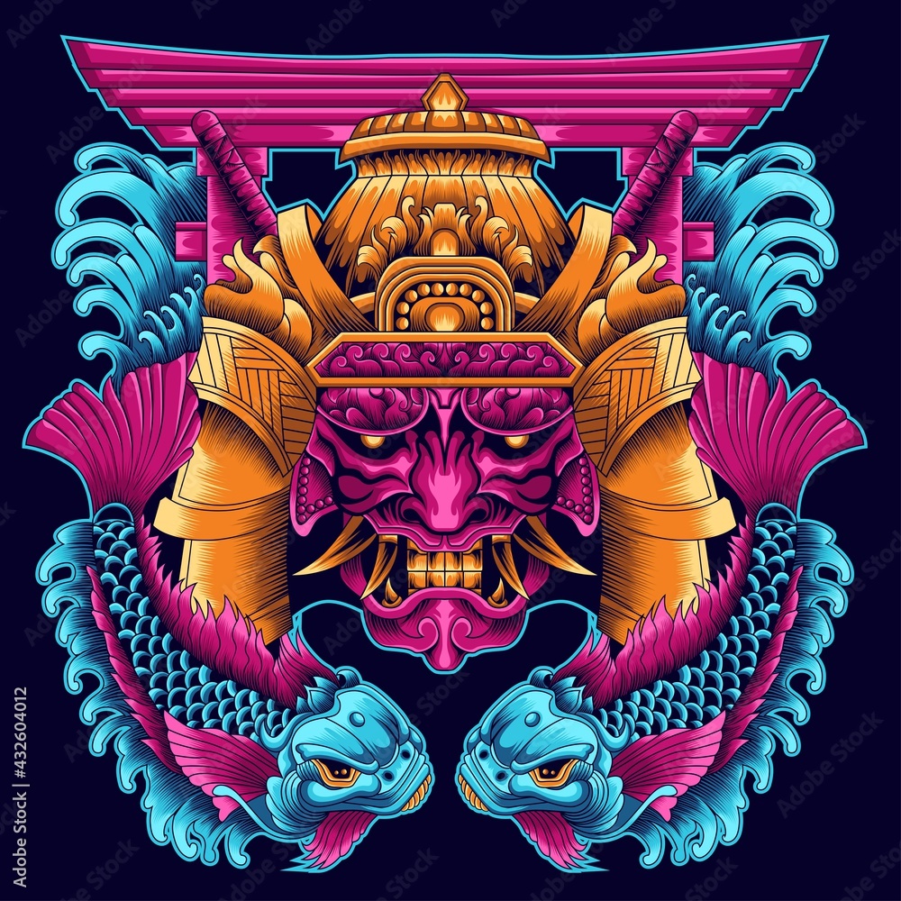 Samurai Hannya mask with koi fish illustration Stock Vector | Adobe Stock