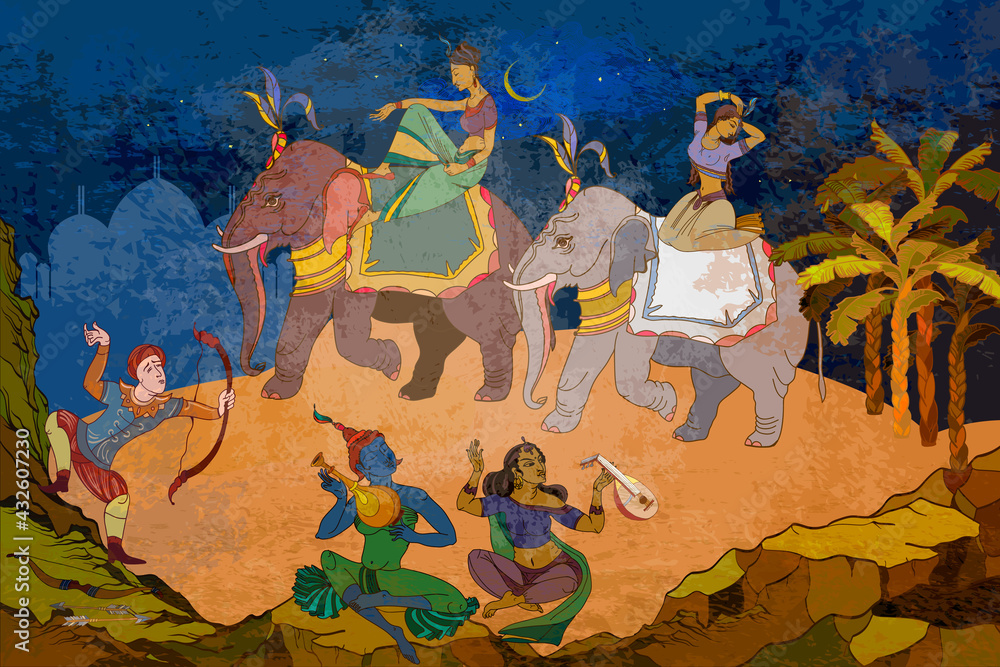 Traditional indian mural paintings style. Dancing goddesses in the ...