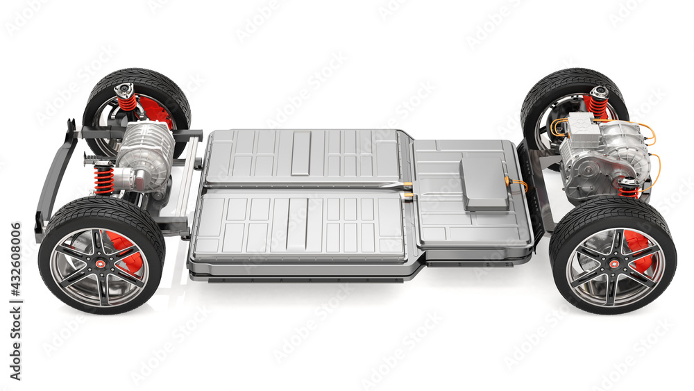 Electric Vehicle's chassis with dual motors and battery system. 3D ...