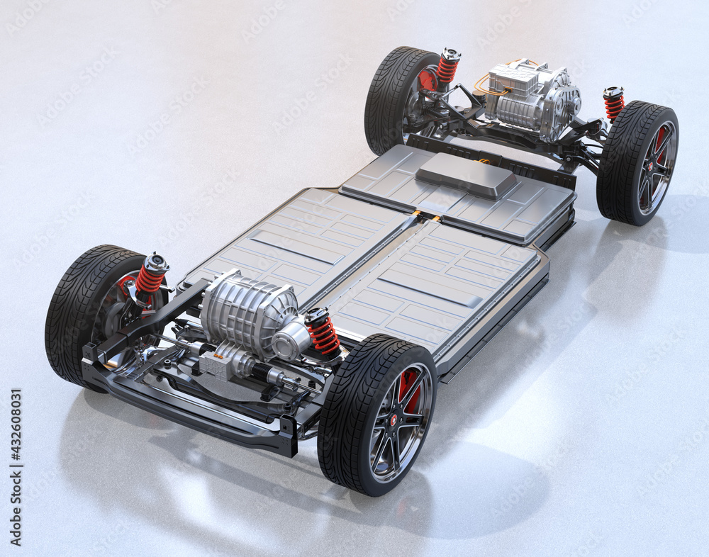 Electric Vehicle's chassis with dual motors and battery system. 3D ...