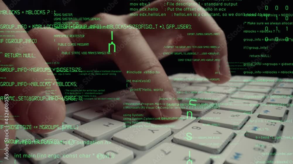 Creative visual of computer programming coding and software development shown by man working on ...