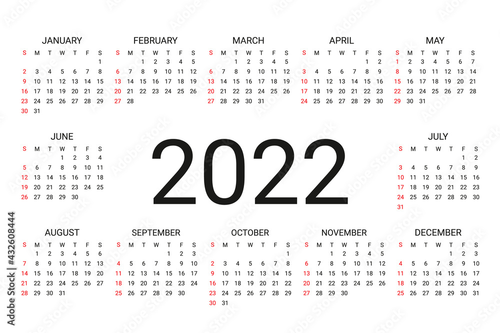 Vetor de 2022 Calendar. Week starts Sunday. Simple yearly template of ...