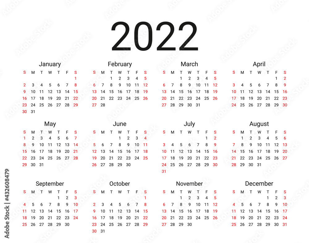 2022 Calendar. Week starts Sunday Yearly calender organizer with 12 ...