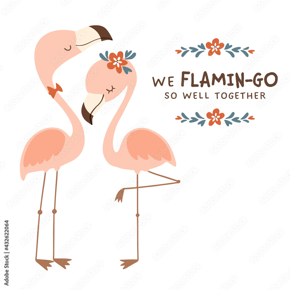 Clip art of cute pink flamingo couple in love. Whimsical flamingo ...