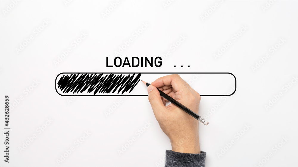 Hand holding pencil and drawing loading on white background ,Technology ...