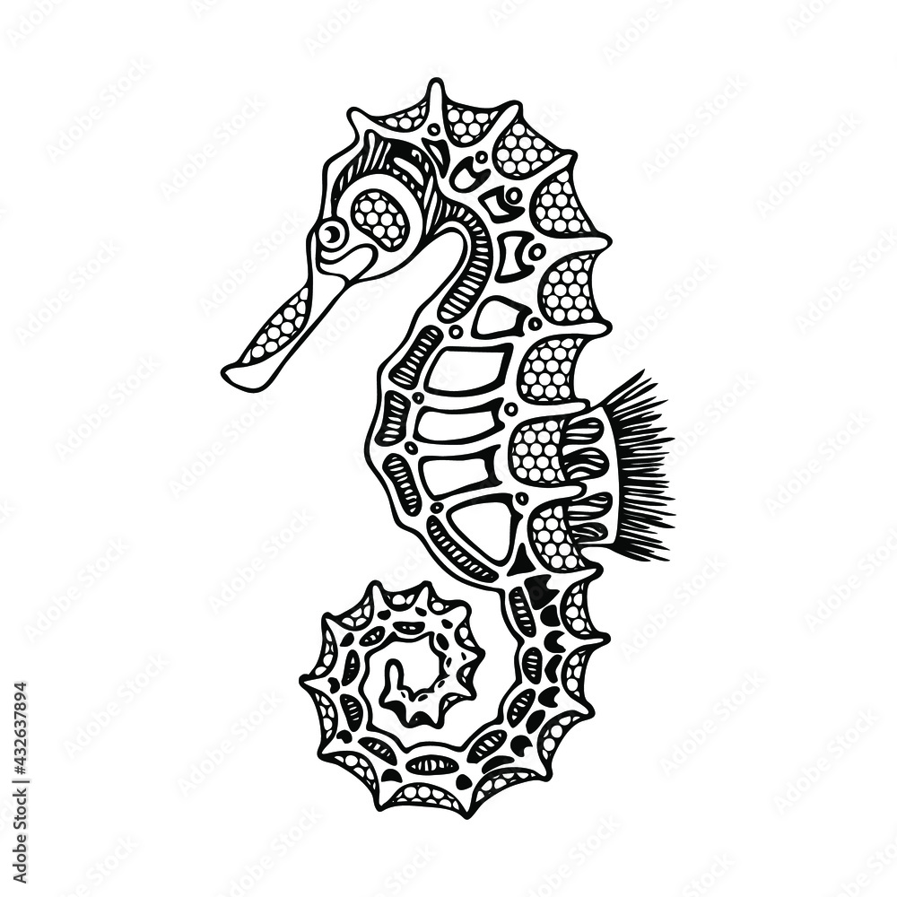 Sea Horse. Draw a black line. Stylized sea animal with ornament ...