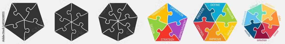 Polygons, five to seven sides, divided into jigsaw puzzle pieces ...