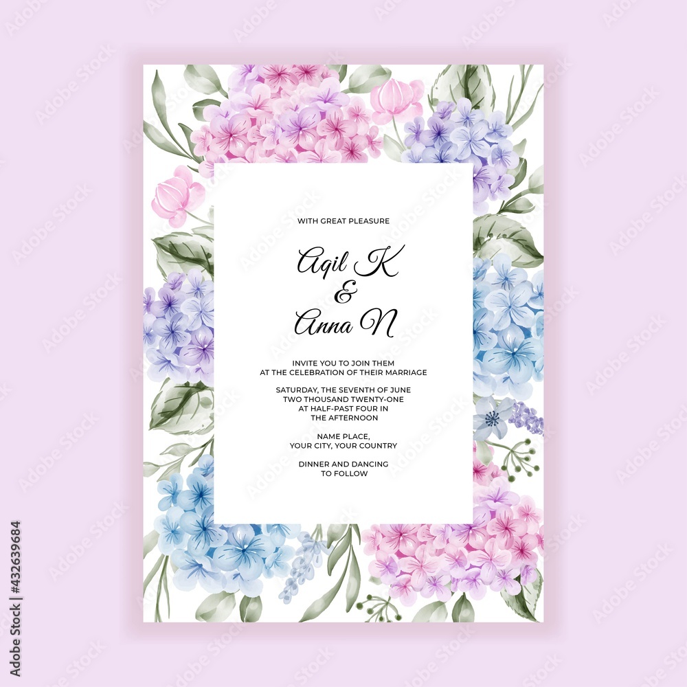 Greenery, pink blue hydrangea frame border wedding invitation Stock ...