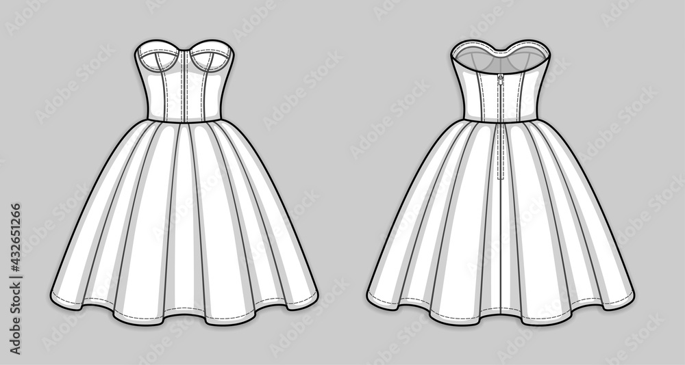 Stockvector Knee-length corset bodice dress with strapless neckline ...