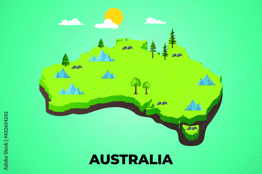 Australia 3d isometric map with topographic details mountains, trees ...