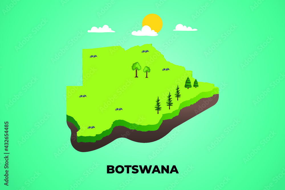 Botswana 3d isometric map with topographic details mountains, trees and ...