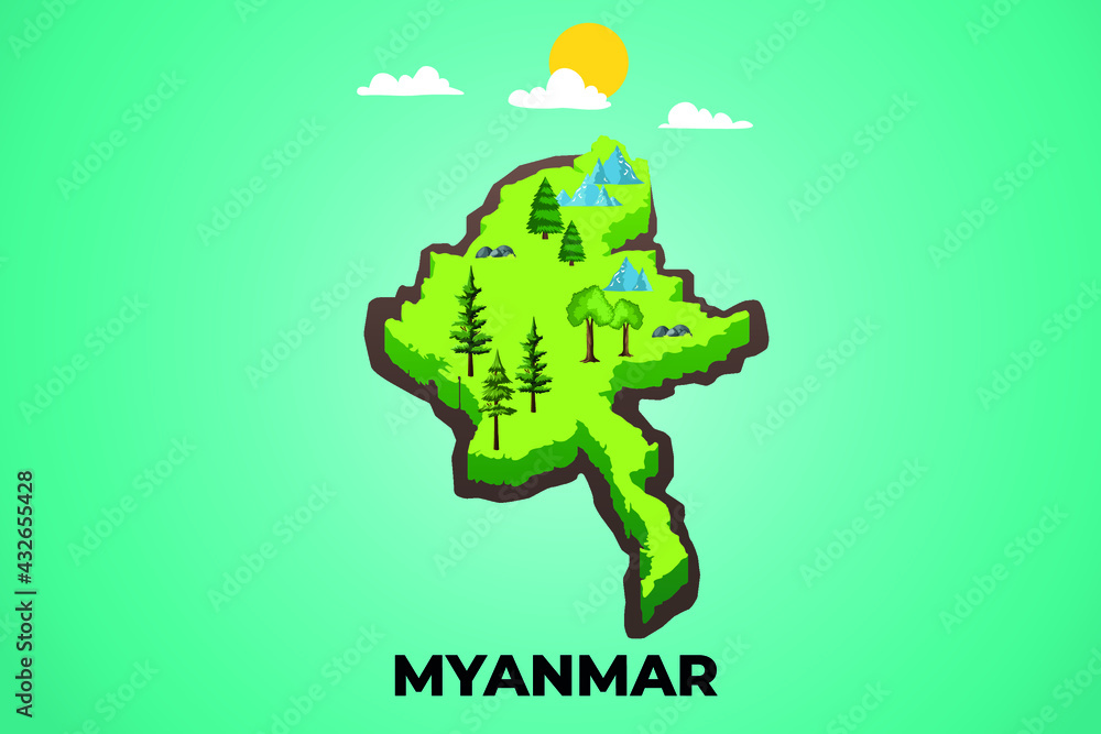 Myanmar 3d isometric map with topographic details mountains, trees and ...