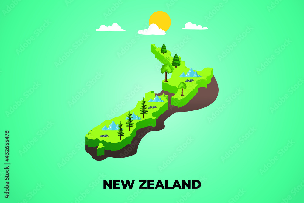 New Zealand 3d isometric map with topographic details mountains, trees ...
