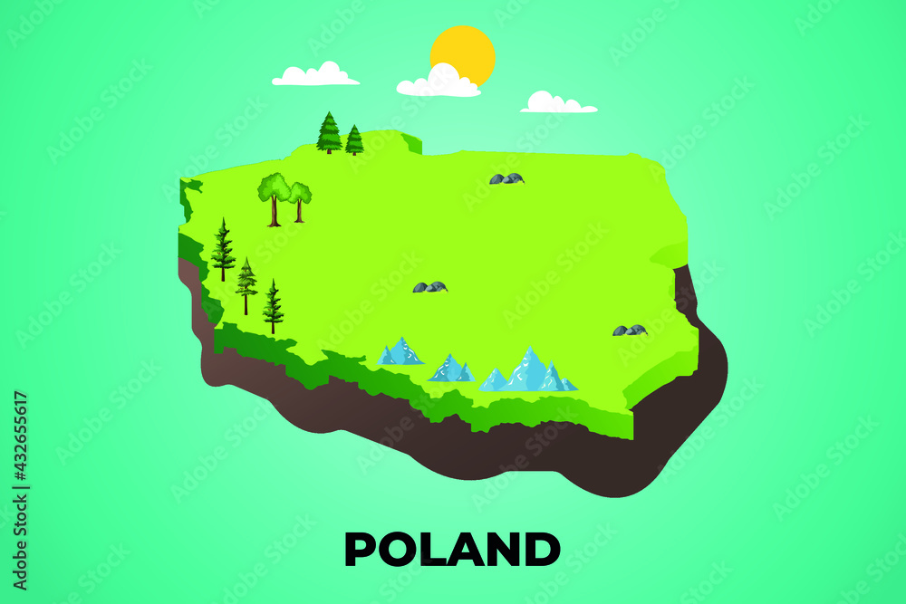 Poland 3d isometric map with topographic details mountains, trees and ...