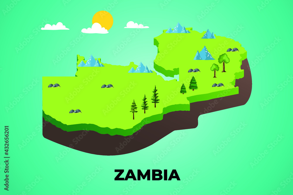 Zambia 3d isometric map with topographic details mountains, trees and ...