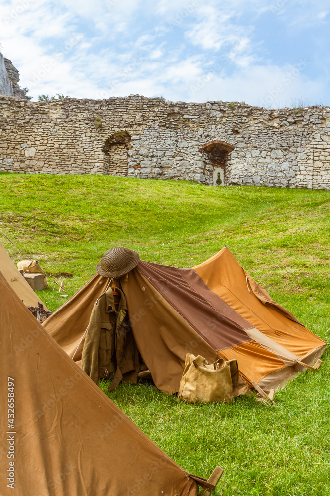 Reconstruction of a World War II military camp during a reenactment ...