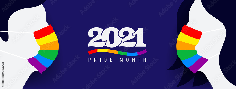 Silhouette of man and woman with protective face mask colored in ...