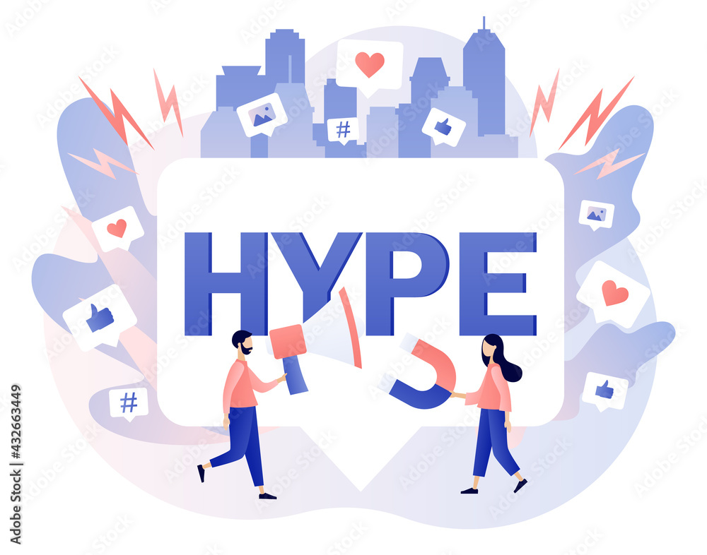 Hype marketing. Tiny people following internet trends. Social media ...