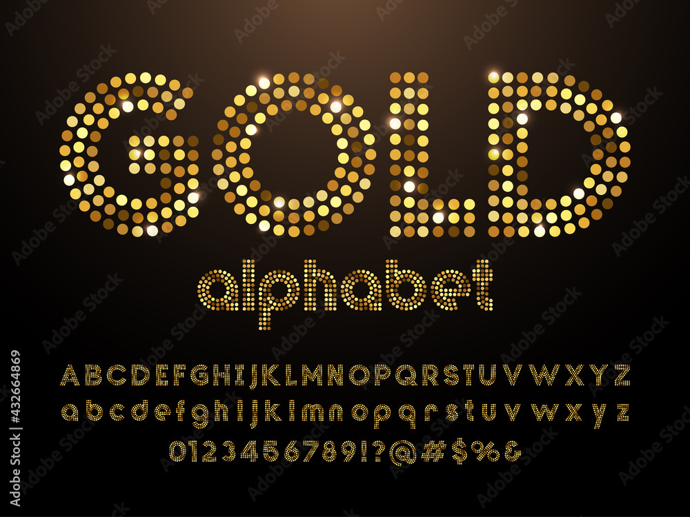 Gold dotted glittering style alphabet design with uppercase, lowercase ...
