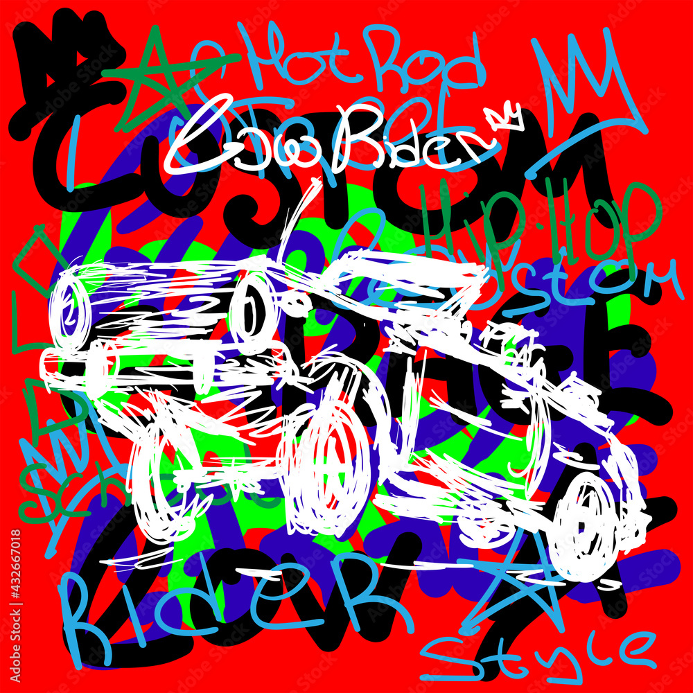 Sketch of lowrider car on background with handwritten text. Drawn by ...