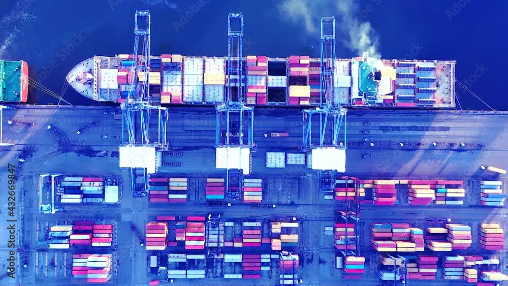 Time lapse top view over international container cargo ship at ...
