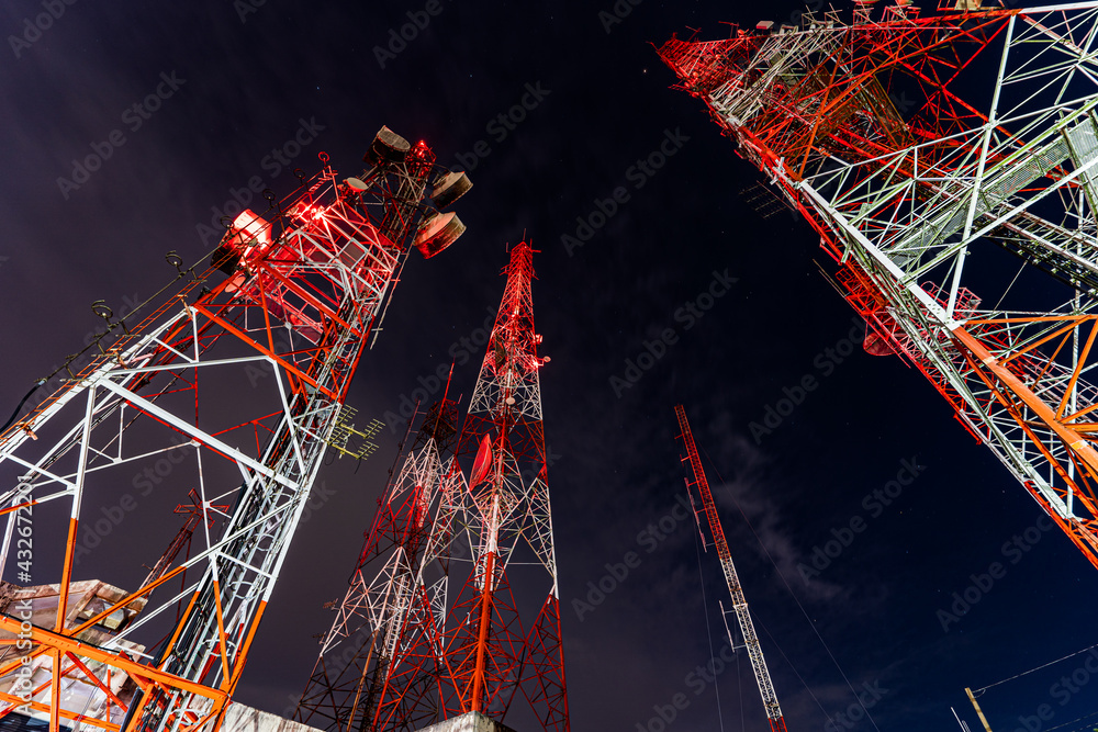 Tower of communication with antennas at night time. Stock Photo | Adobe ...