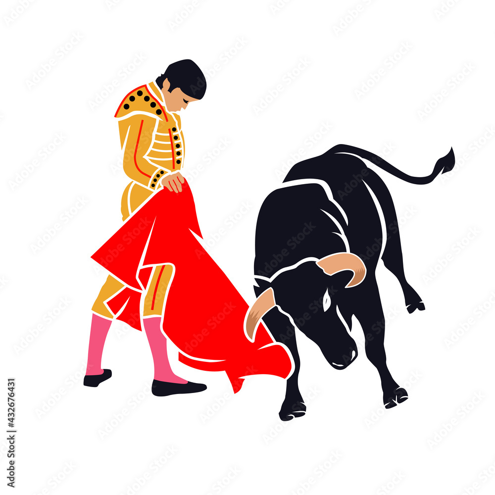 spanish traditional attraction bull and matador in cartoon flat ...