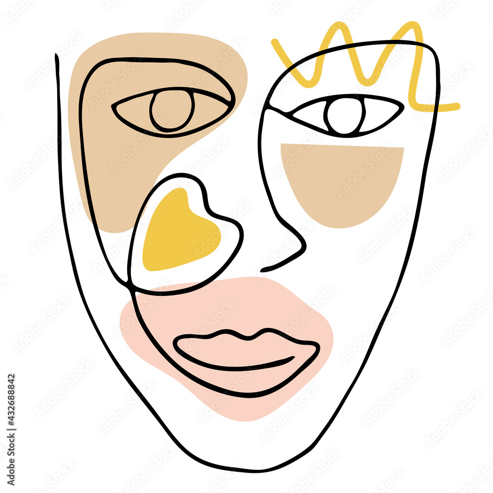 Black outline abstract face on white background. Hand drawing line art ...