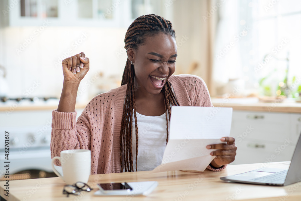 Good News. Portrait Of Overjoyed African American Lady Reading Letter ...