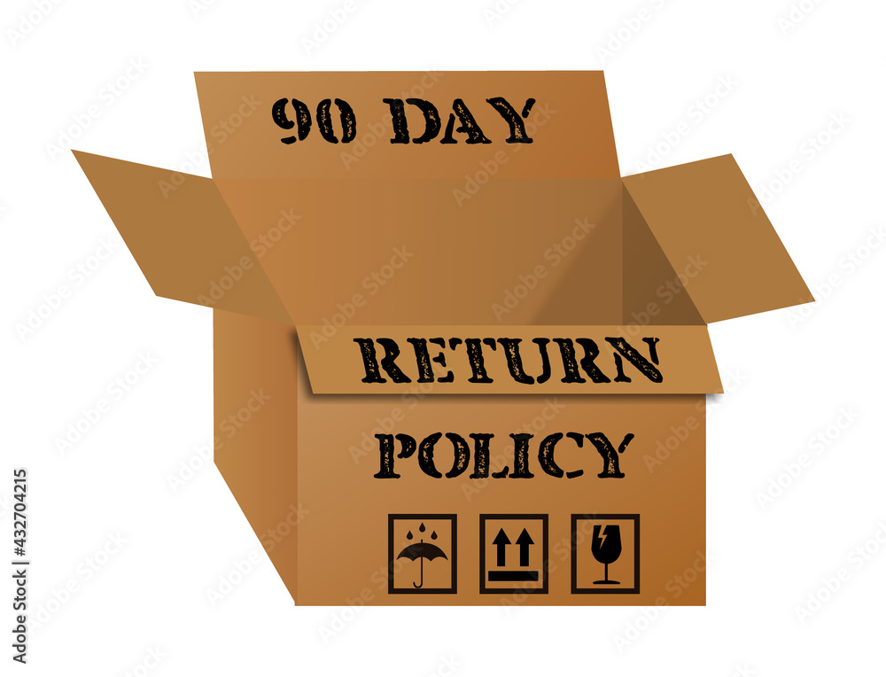 An illustration of an open 3D shipping package with printing "90 DAY ...