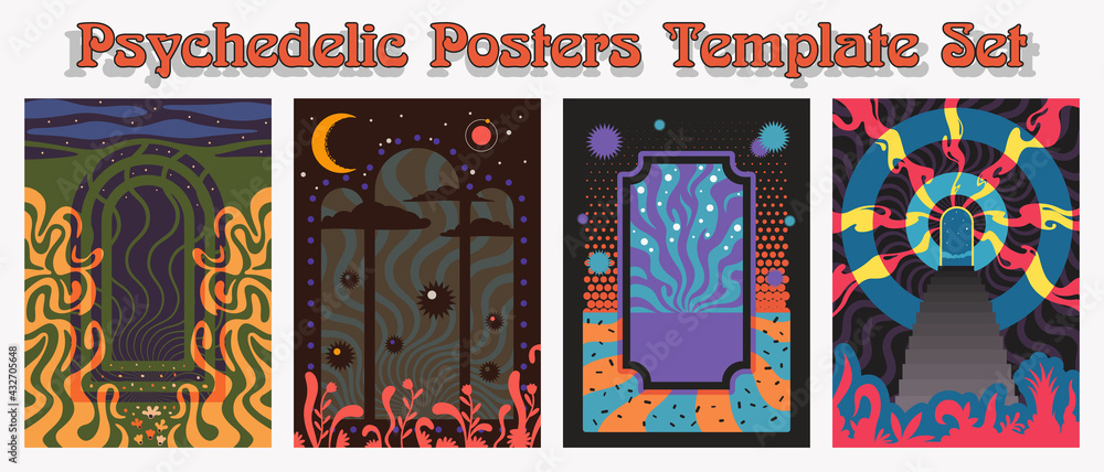 Psychedelic Posters Template Set, 1960s - 1970s Rock Music Covers ...
