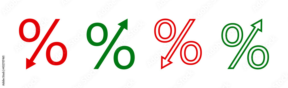 Percent icon. Percentage with arrow to down and up. Decrease and ...