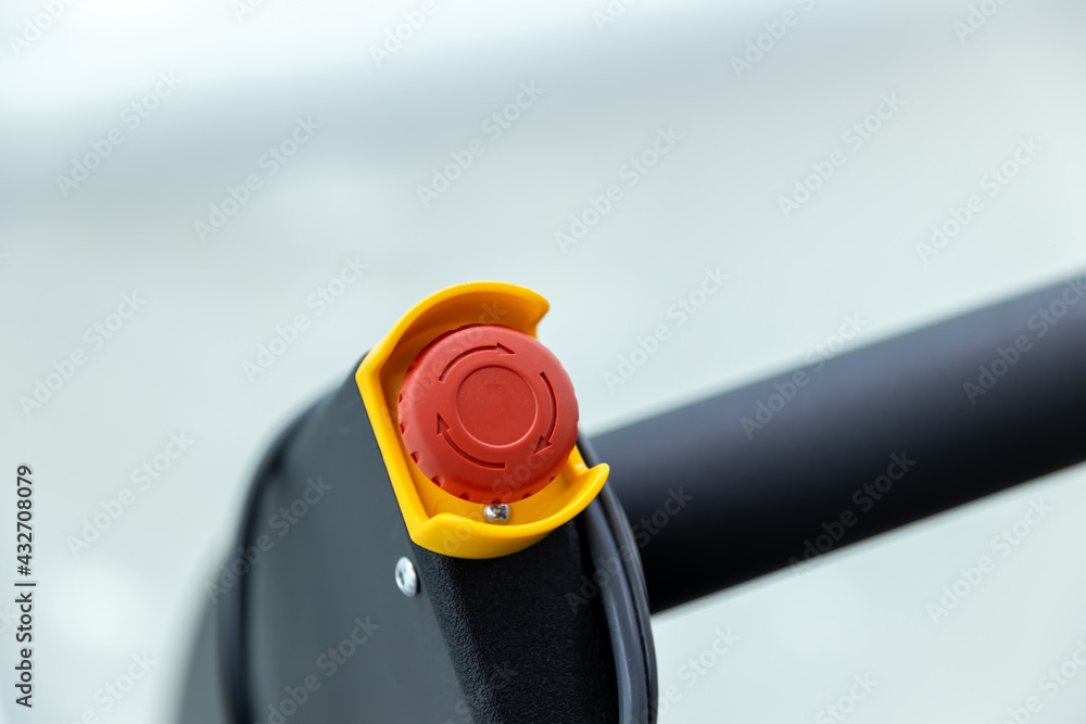 The red emergency button or stop button for Hand press. STOP Button for ...