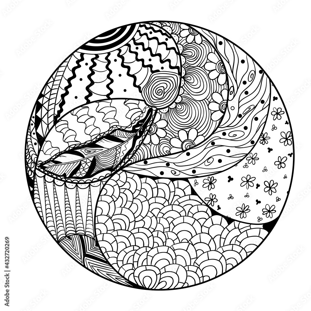 Zendala. Zentangle. Hand drawn circle mandala with abstract patterns on ...