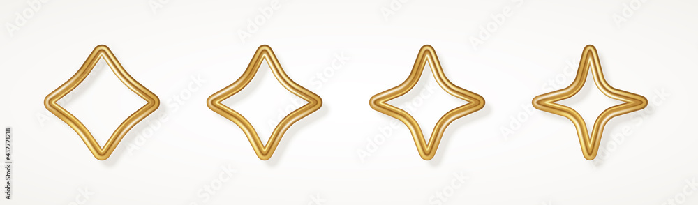 Set of realistic golden 3d four point stars isolated on white ...