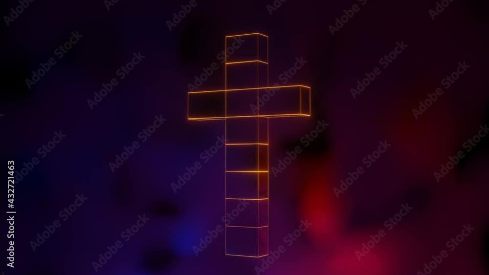 a three-dimensional cross with an orange glowing outline rotates slowly ...