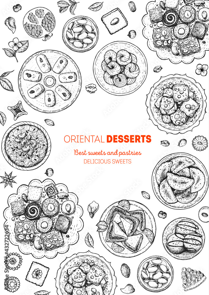 Oriental sweets vector illustration. Middle eastern food, hand drawn ...