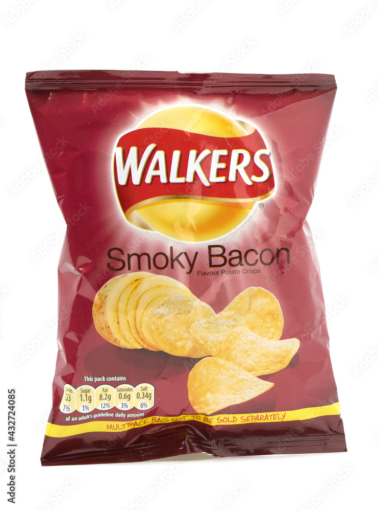 Packet of Walker Smoky Bacon Flavour Crisps isolated on white ...
