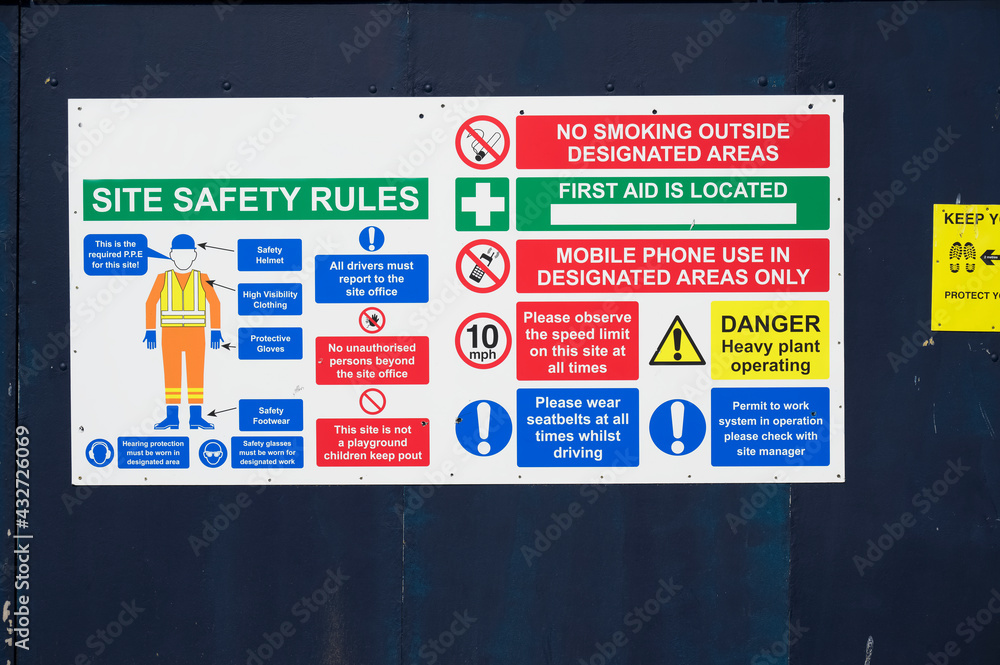 Construction site health and safety message rules sign board signage on ...