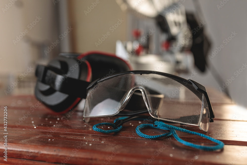 Detailed plan of work safety items. Safety glasses and safety ear muffs ...