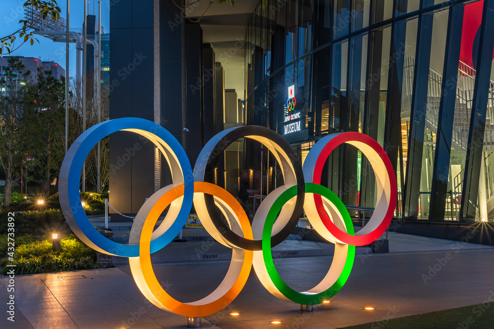 tokyo, japan - may 05 2021: Night view of the Olympic Rings monument at ...