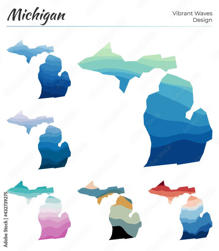 Set of vector maps of Michigan. Vibrant waves design. Bright map of us ...