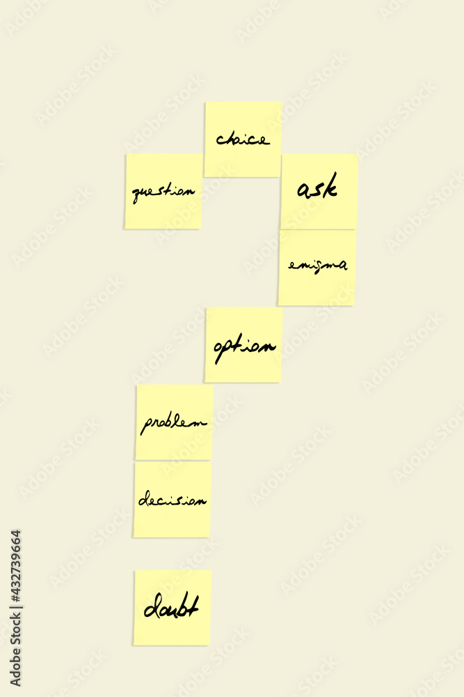 question mark made with sticky notes with messages on white background ...