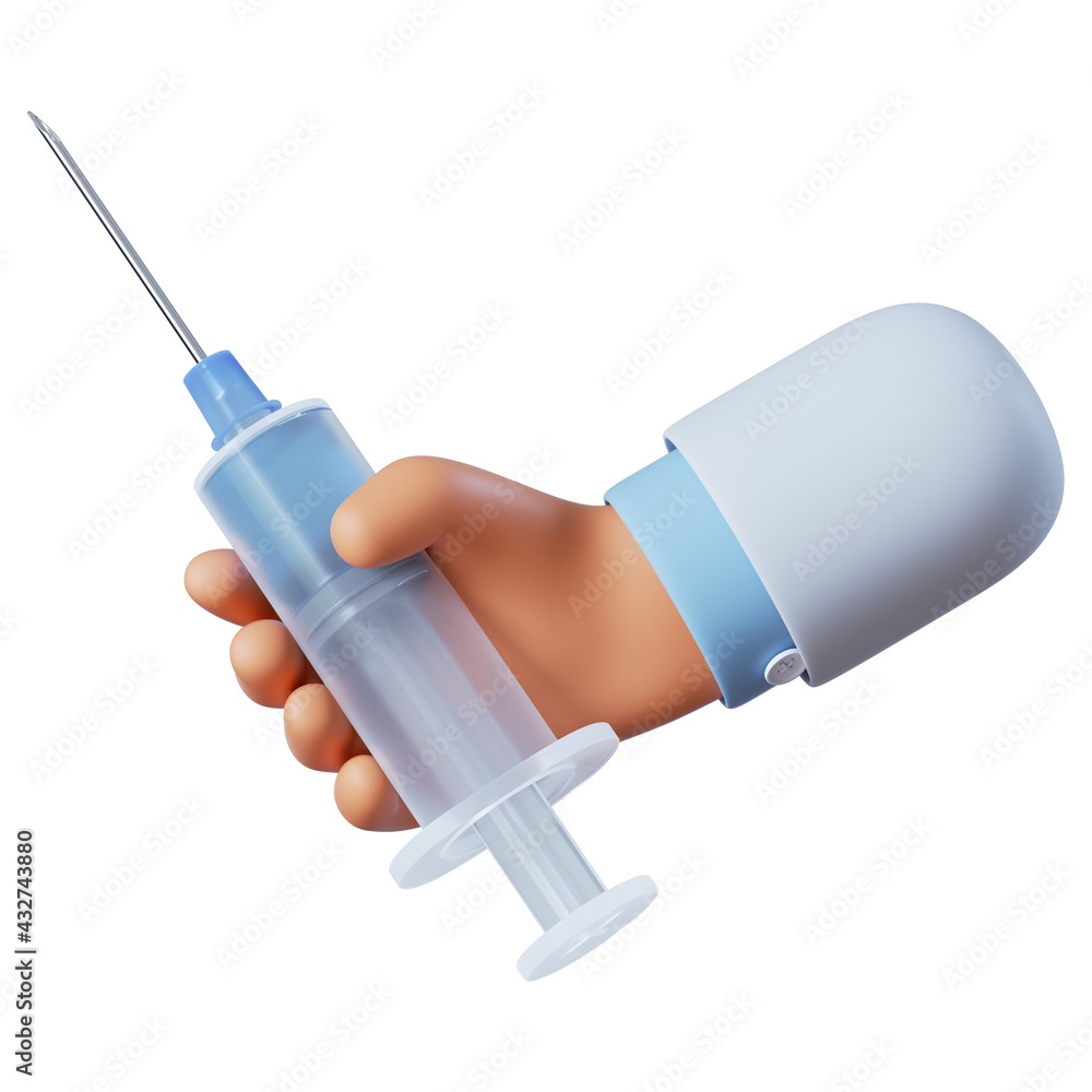 3d render. Doctor cartoon hand holding big syringe with vaccine against ...